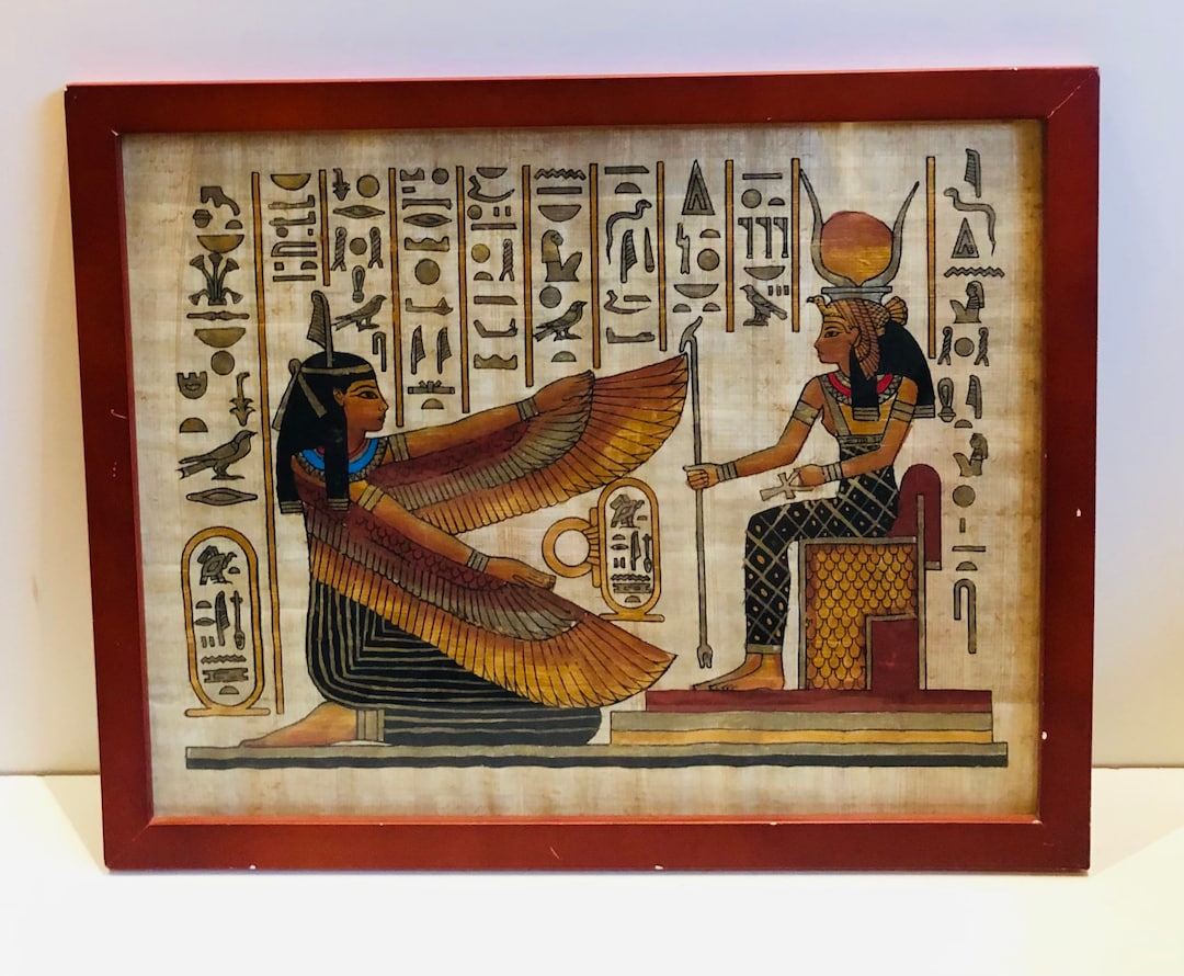Vtg Winged Goddess Isis Hathor and Ma'at Papyrus Painting Egyptian ...
