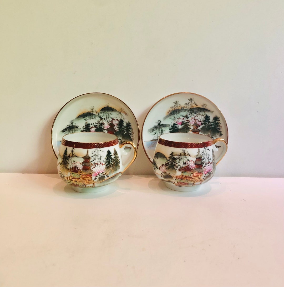 Vtg Mid Century Kutani Ware Teacups Japanese Pagodas Landscape Tea for ...