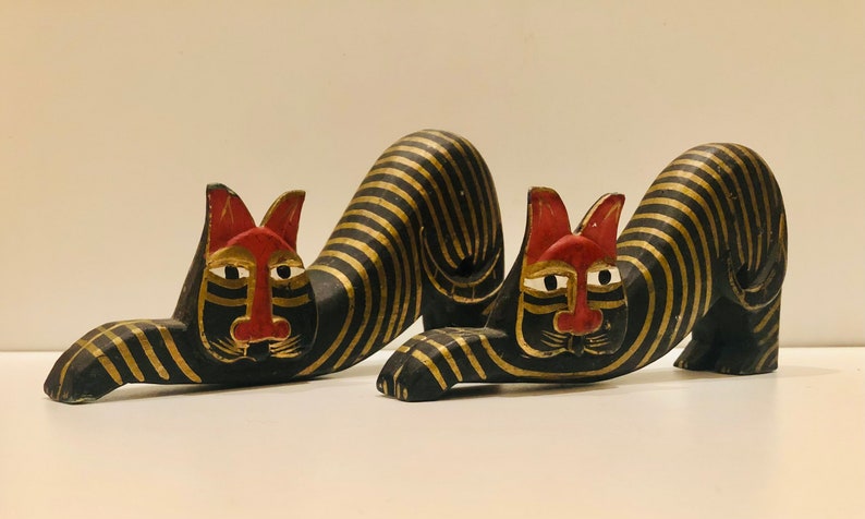 Vintage Pair Laurel Burch Style Gold Striped Cat Statues Balinese Wood ...