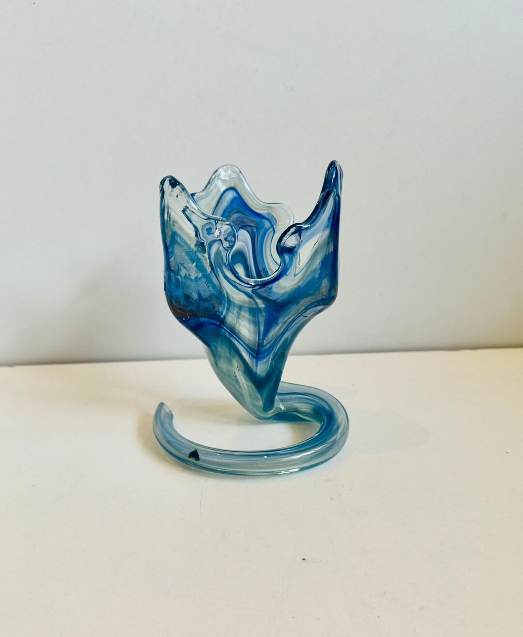 Vintage Miniature Blue Swirl Glass Cornucopia Trumpet Vase Ozark Art ...