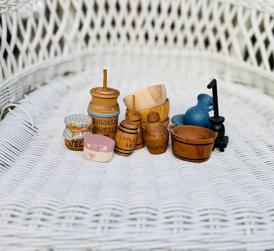 Vtg Primitive Dollhouse Kitchen Wooden Stacking Bowls Butter Churn ...