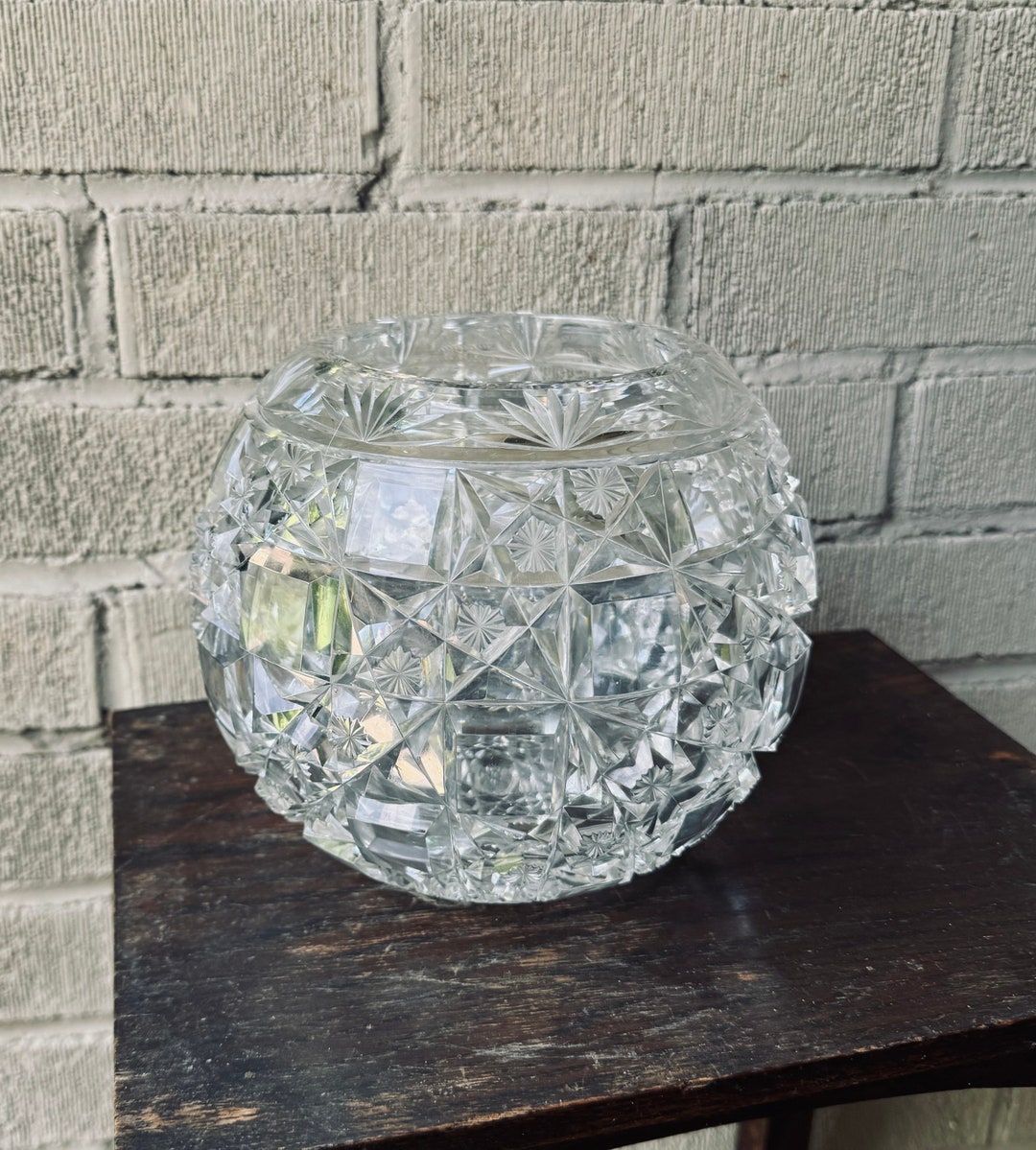 Elegant Antique Cut Crystal Rose Bowl Ball Vase Deep Cut Hobstars ...