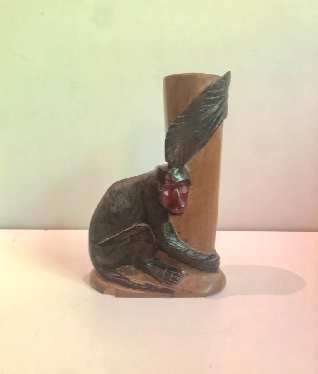Whimsical Carved Wooden Monkey Sculpture Bud Vase Tropical Jungle ...