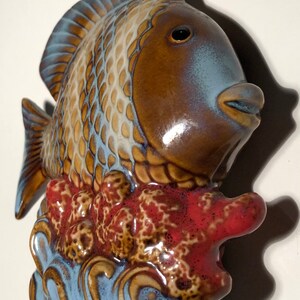 Lusterous Small Ceramic Fish Figurine Fish Swimming Waves Red Coral ...