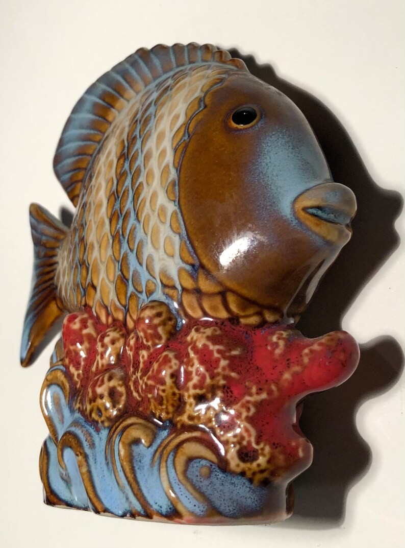 Lusterous Small Ceramic Fish Figurine Fish Swimming Waves Red Coral ...