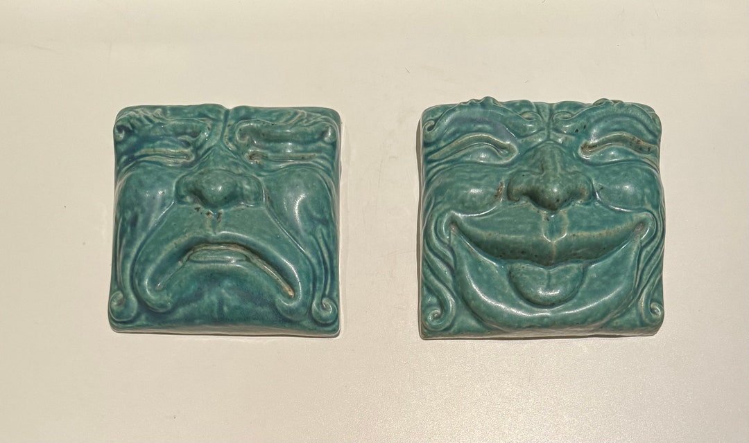 Vtg 1998 Pair Pewabic Comedy and Tragedy Plaques Ceramic Tiles Greek ...