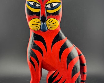 Vintage Laurel Burch Style Cat Statue Balinese Wood Carved Bright ...