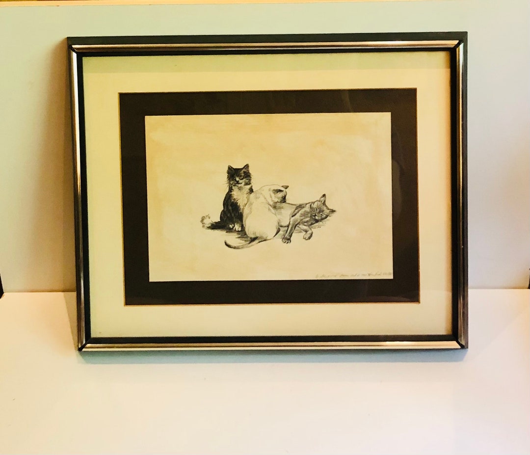 Vintage Mid Century Original Cat Drawing Siamese Kitty Black & - Etsy