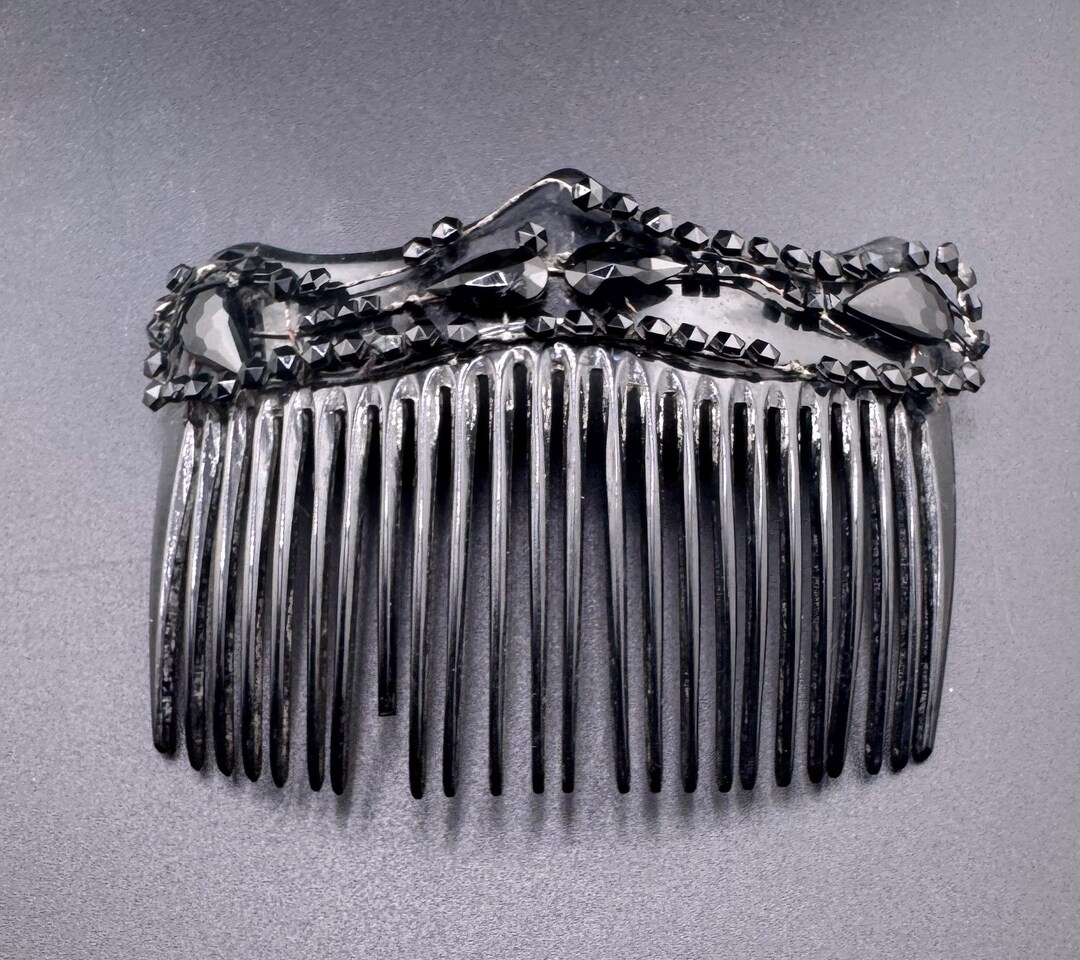 Antique Black Bakelite French Jet Hair Comb W Faceted Bohemian Glass ...