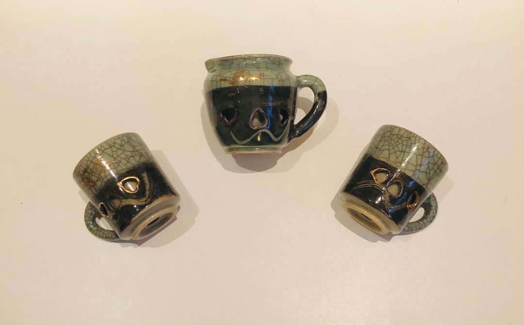 Pair Vintage Japanese Somayaki Soma Ware Tea Cups & Cream Pitcher Set ...