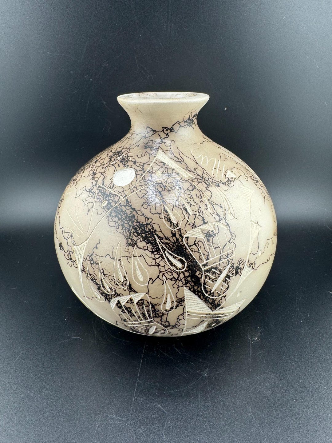 Vintage Art Pottery Horsehair Ball Vase Folk Art Pottery Scrimshaw Like ...