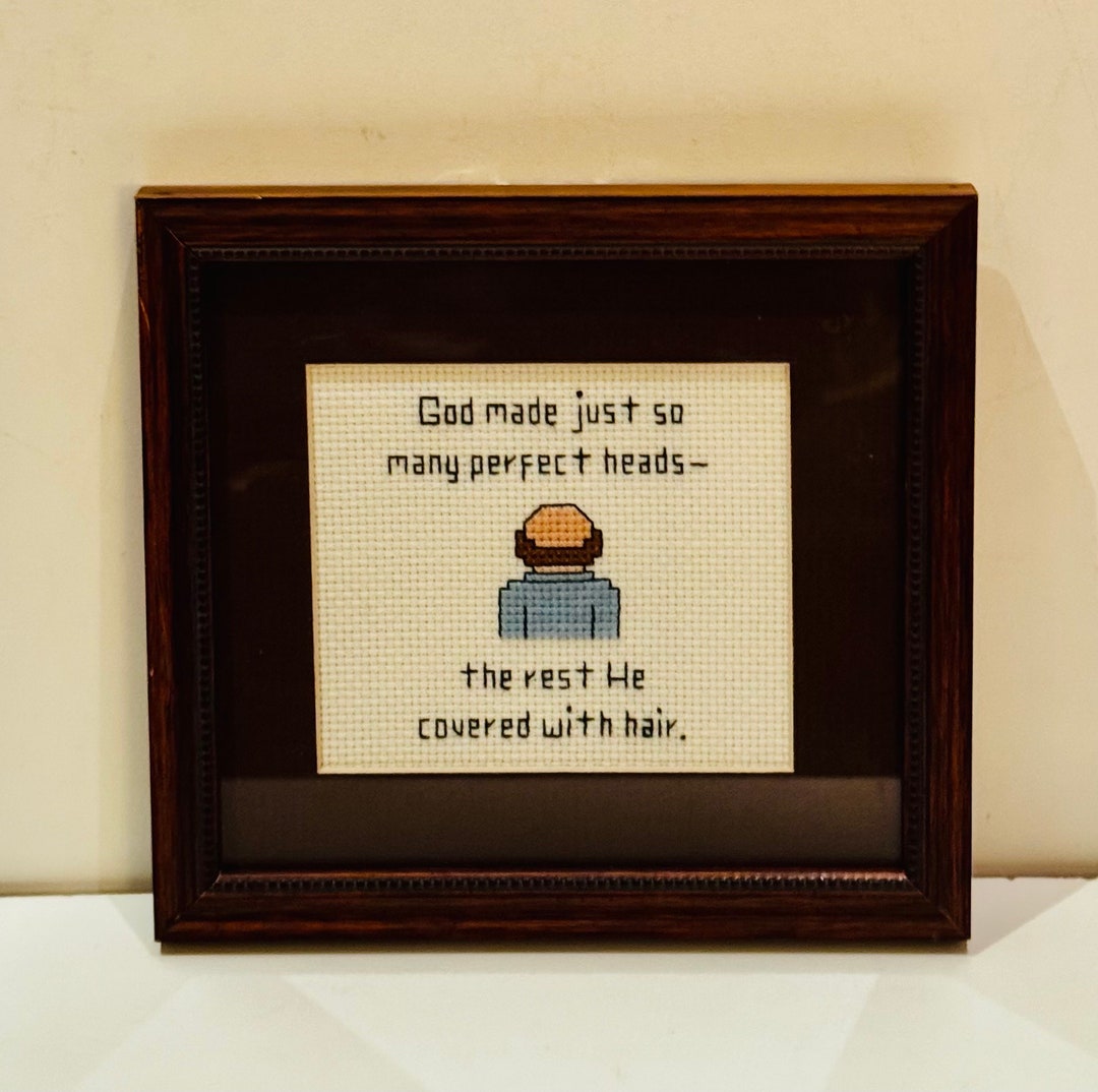 Vintage Humorous Cross Stitch Bald Man Wall Art Funny Gift for Dad “god ...