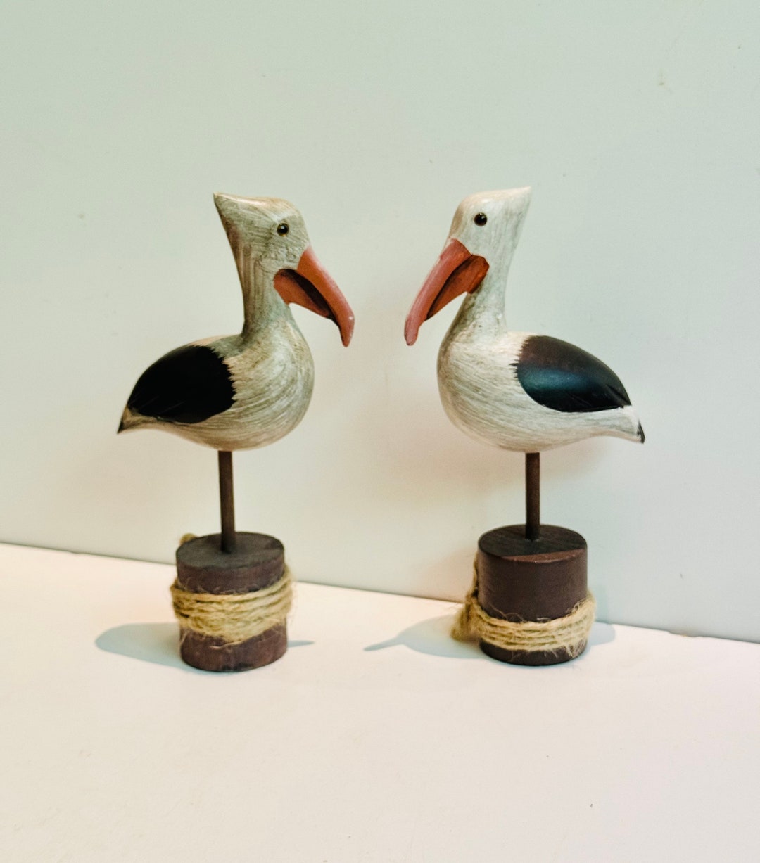 2 Vintage Hand Carved American Folk Art Pelican Decoy Nautical ...
