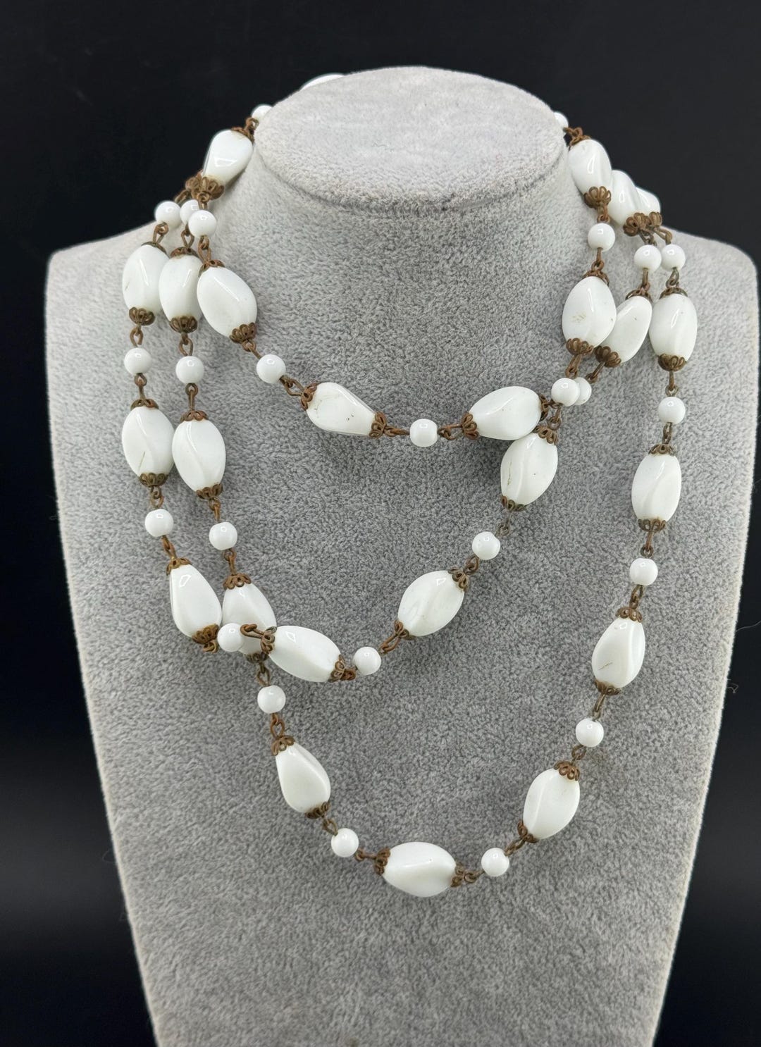 Vintage White Glass Flapper Length Beads Beaded Necklace With Brass ...