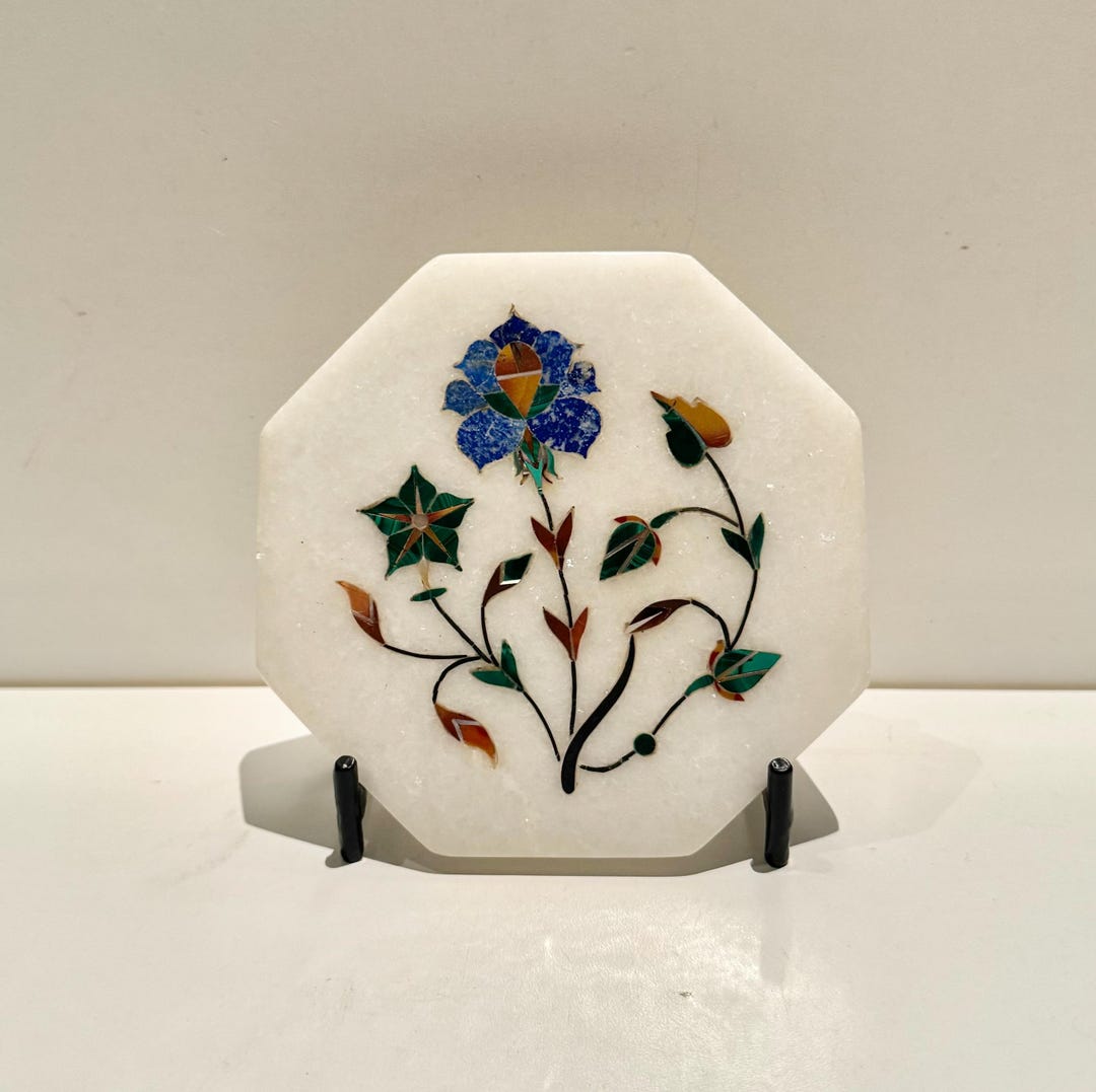 Lovely Pietra Dura Mosaic Inlay Plauque Octagonal Parchin Kari Marble ...