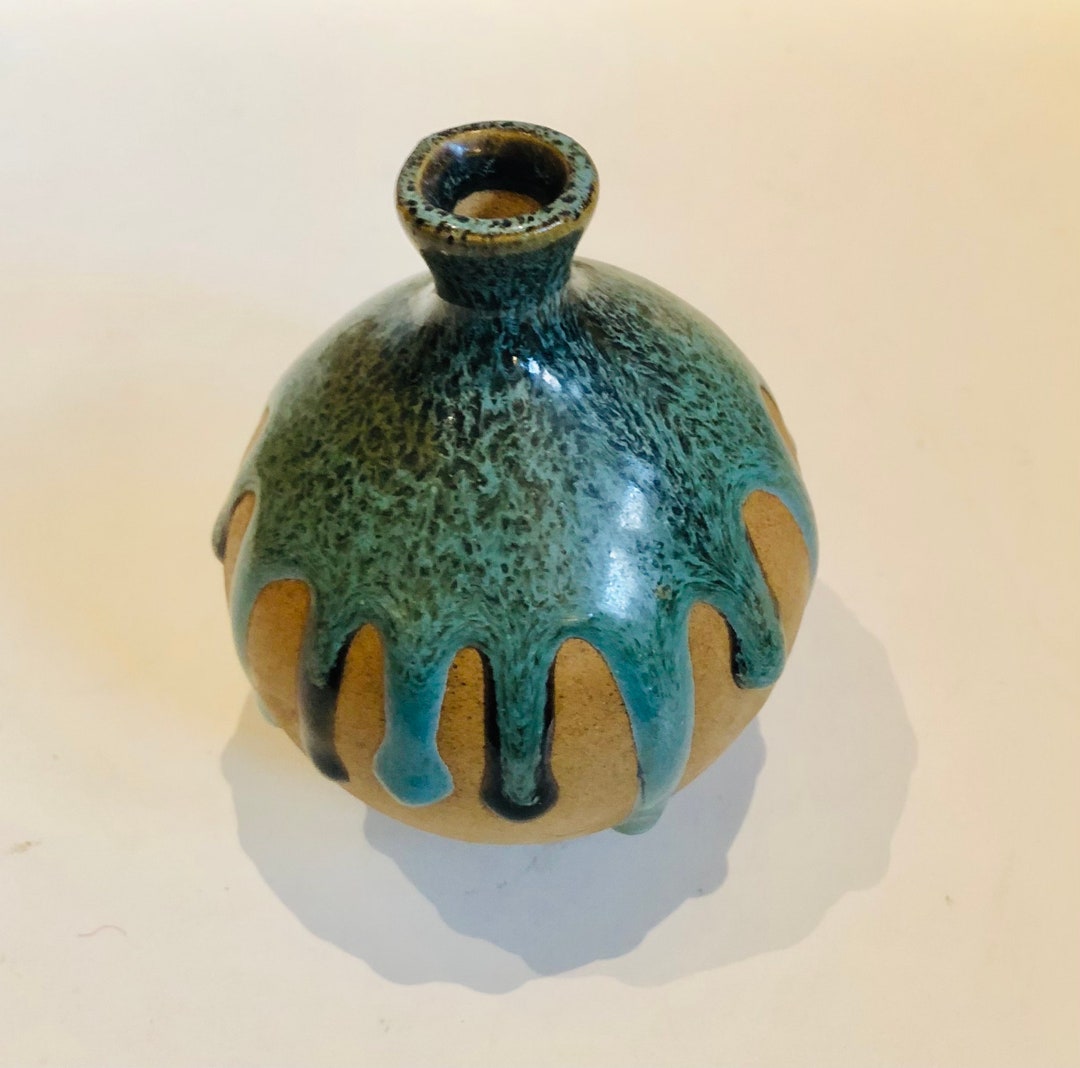Lovely Tiny Vintage Studio Pottery Drip Glaze Blue Green Ball Vase Bud ...