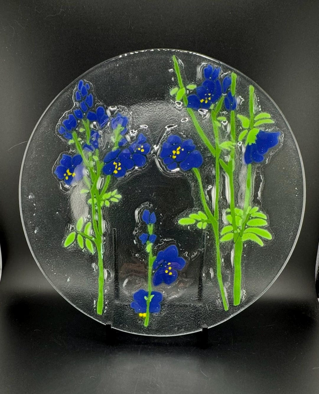 2 Handmade Fused Glass Iris Plates Purple Blue Flowers Slump Glass ...