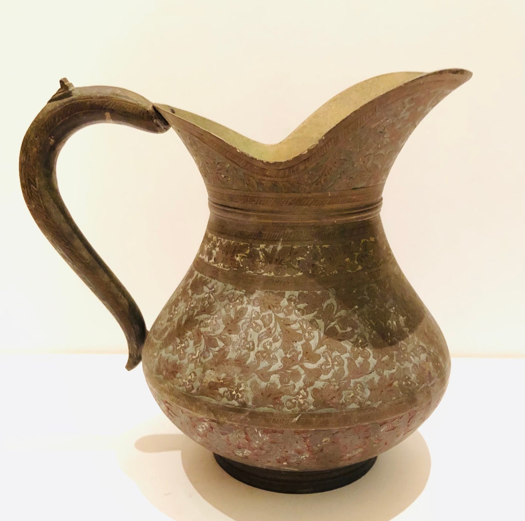Antique Ornate Hand Tooled Brass Water Pitcher Intricate Indian Floral ...