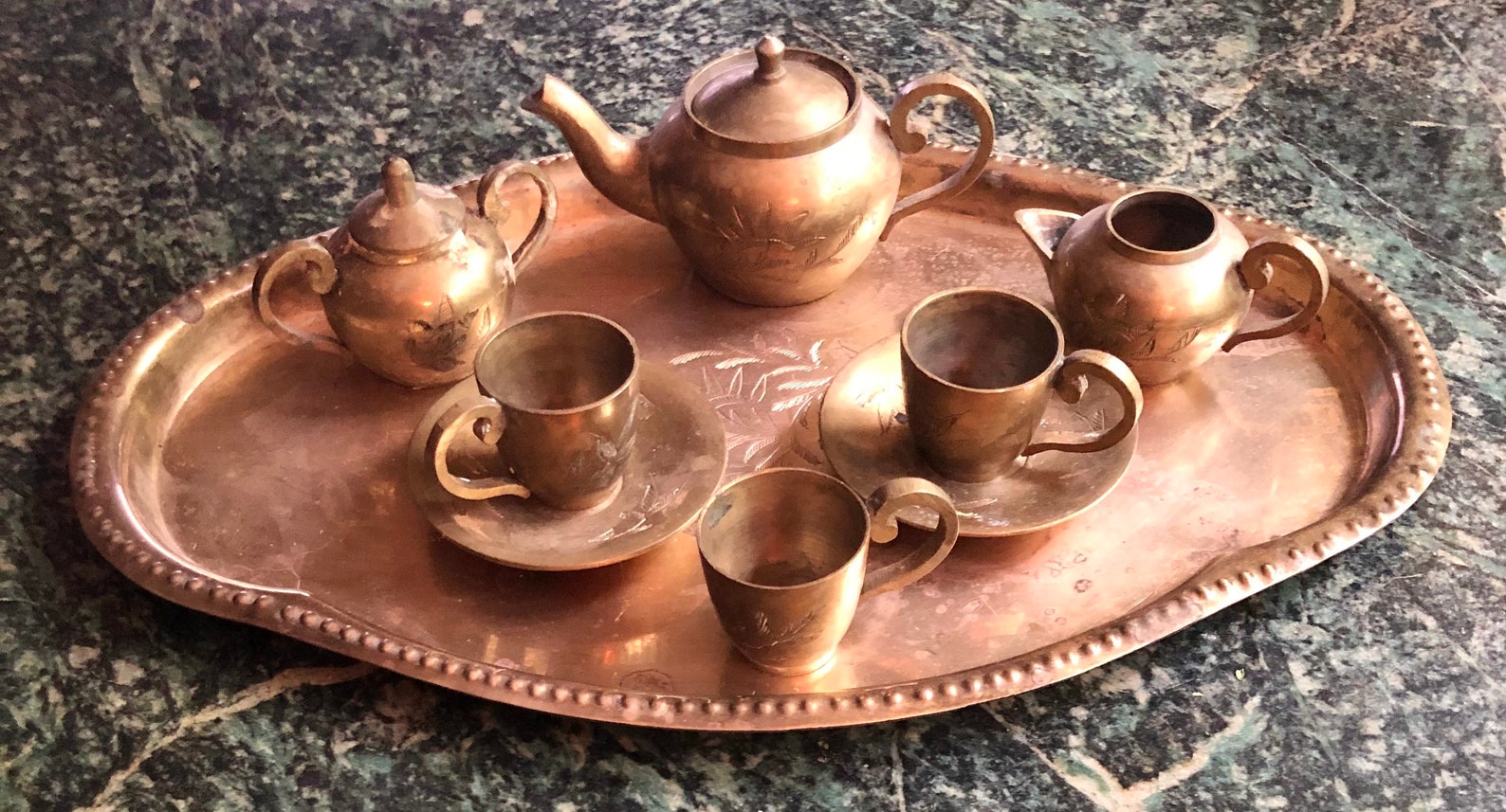 Solid Brass Indian Child's Tea Set Hand Etched Ca - Etsy