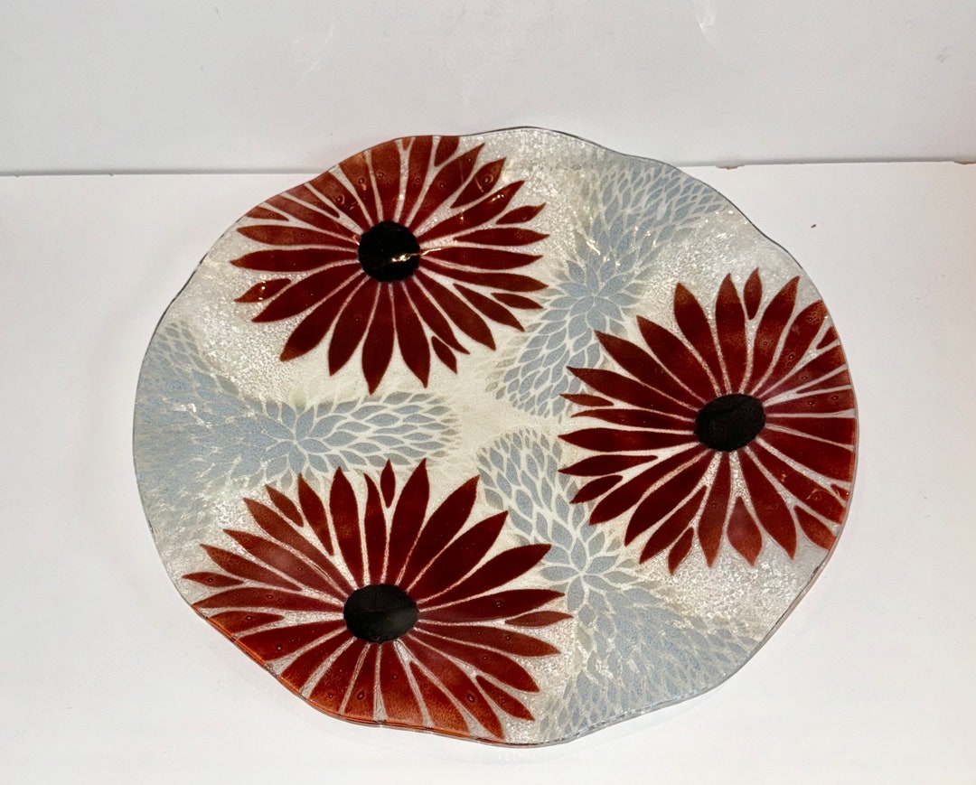 Handmade Large Fused Glass Sydenstricker Plate Dark Umber Flowers Slump ...