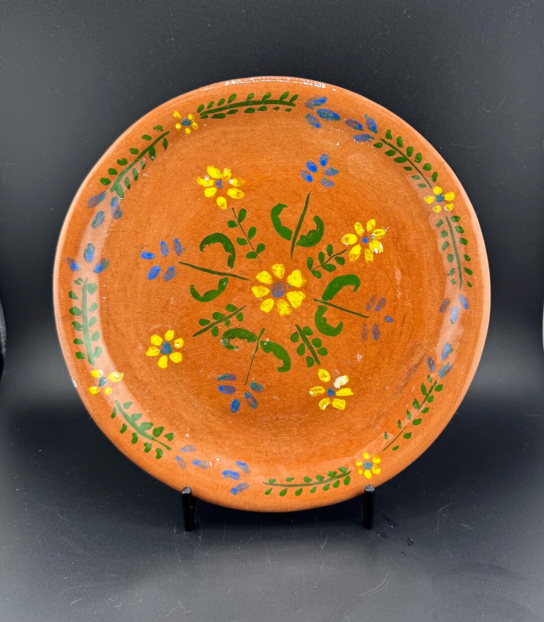 Beautiful Vintage Redware Plate Slipware Flower Garland Painting Floral ...