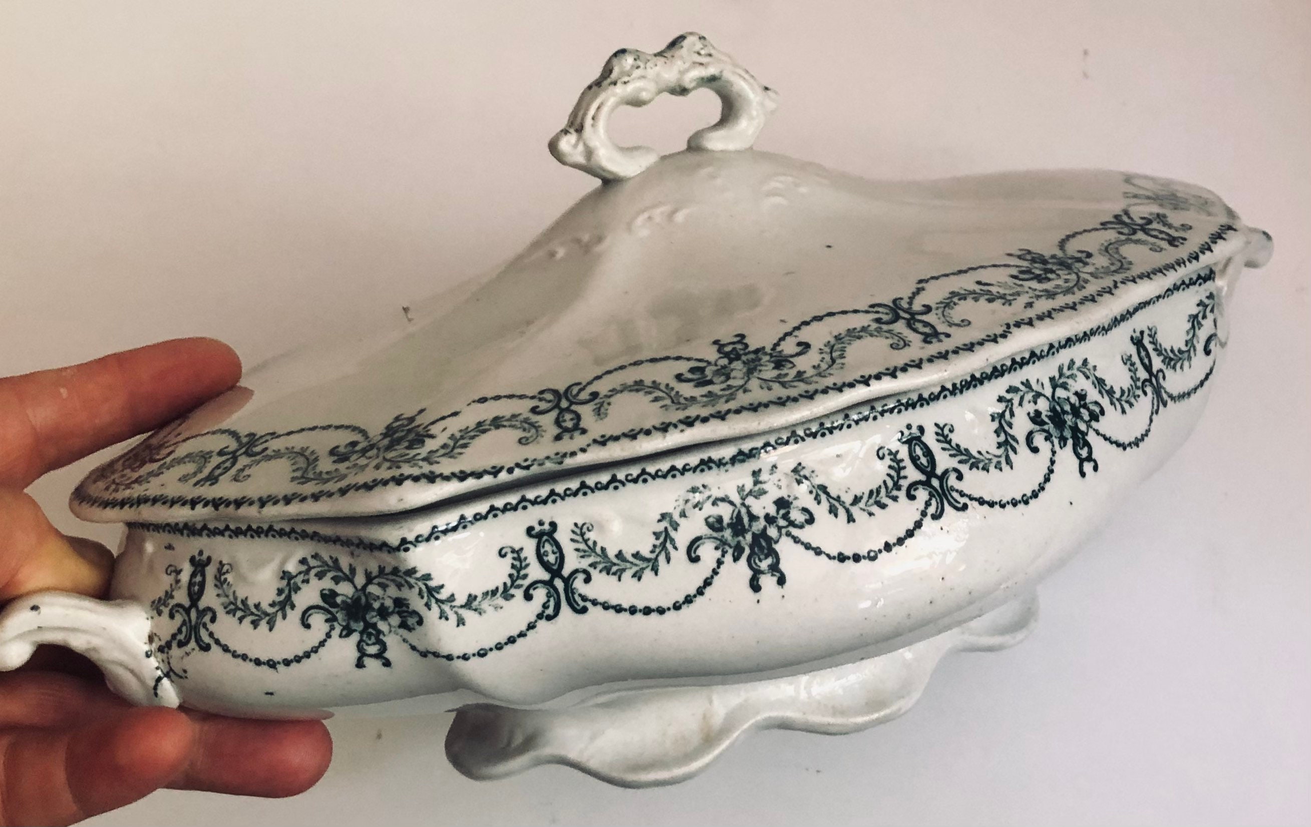 Antique English Victorian Transferware Garlands Casserole Covered Dish ...