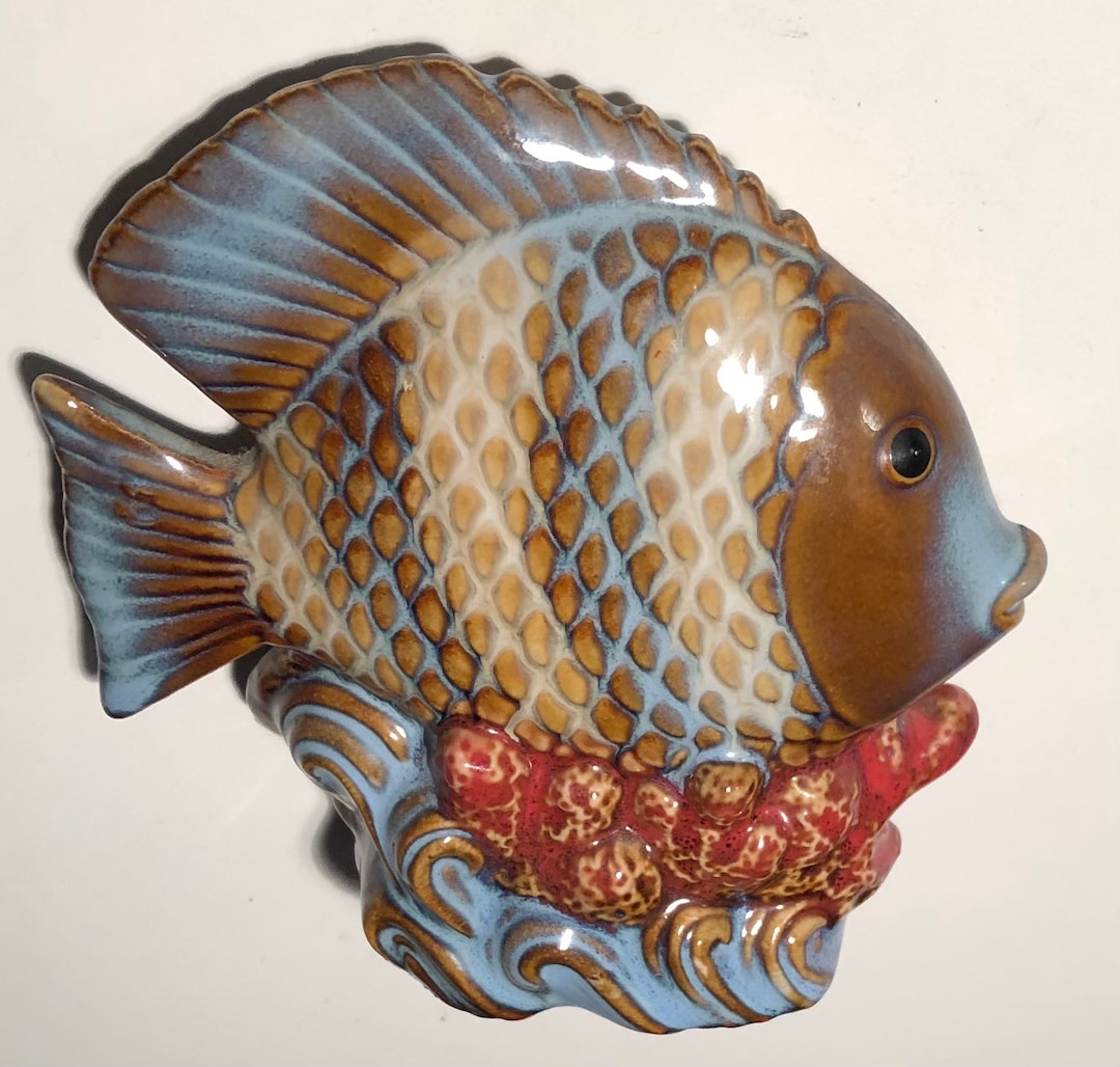 Lusterous Small Ceramic Fish Figurine Fish Swimming Waves Red Coral ...