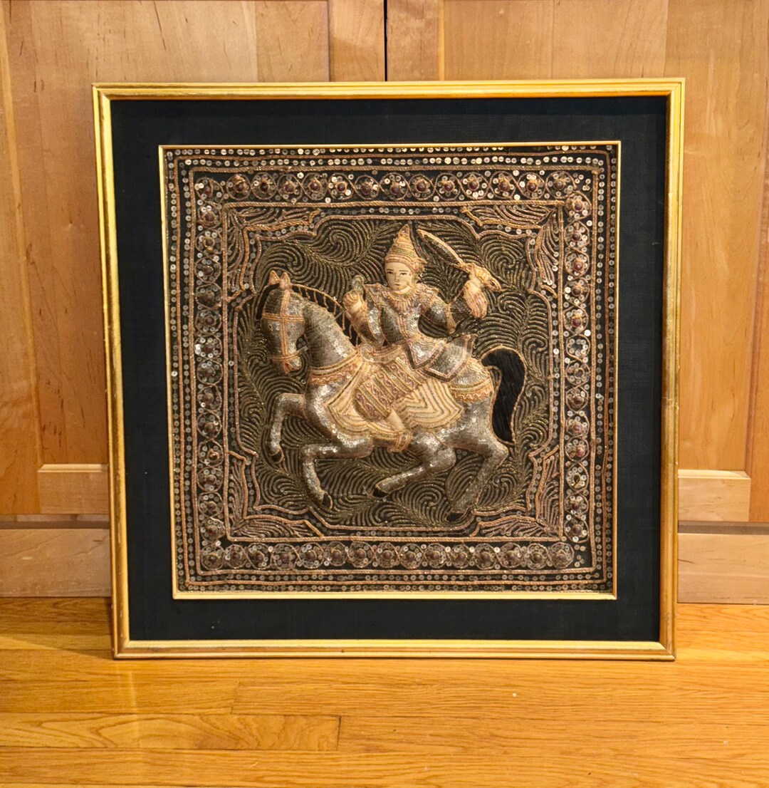 Large Vintage Thai Burmese Kalaga Tapestry Warrior on Horse Temple ...