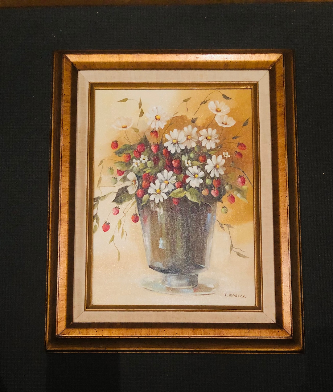 Vintage Still Life Flowers Berries Oil Painting on Canvas Francis ...