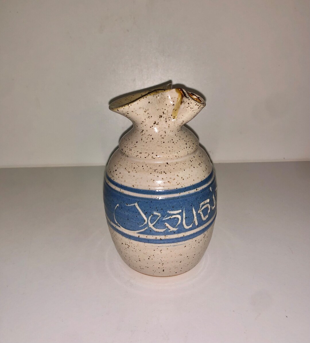 1994 Vintage Scripture Pottery Ceramic Oil Lamp jesus is the Light Blue ...