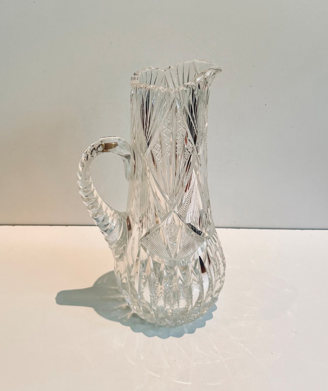 Elegant Cut Crystal Water Pitcher Deeply Cut Stars & Fans Tall Narrow ...