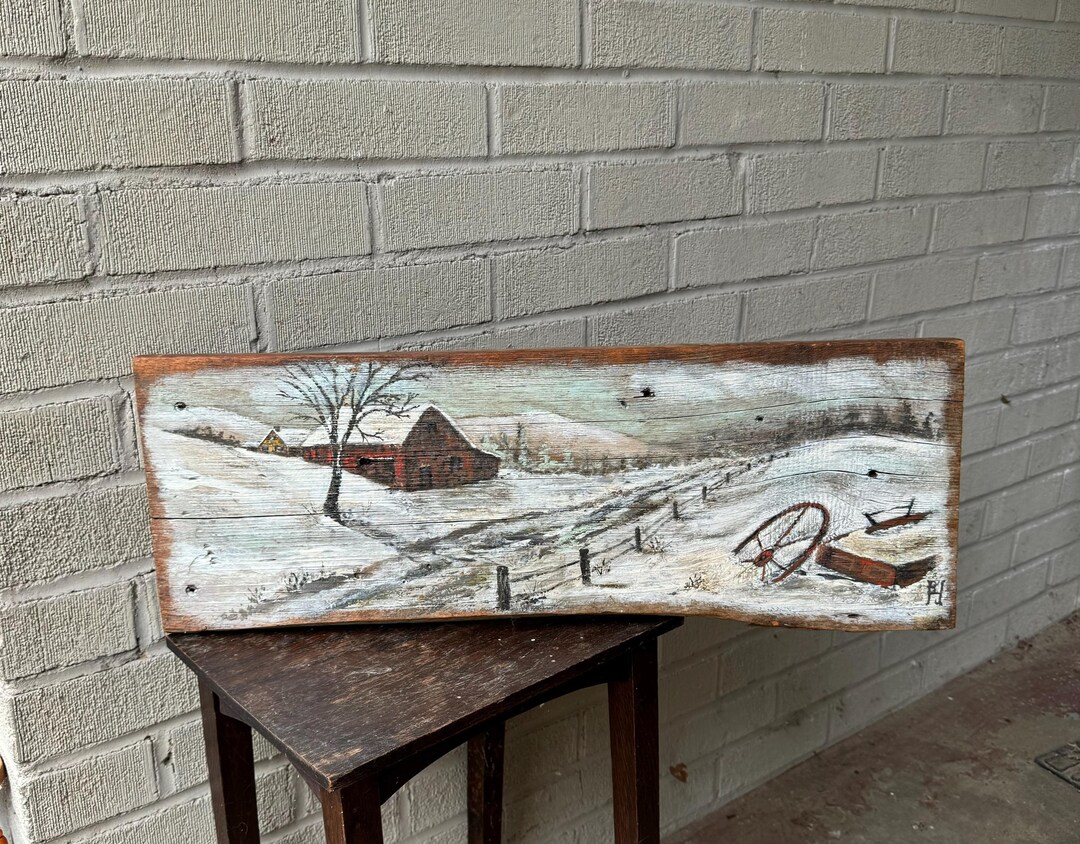 Rustic Vintage Painting on Reclaimed Wood “winter Visits the Country ...