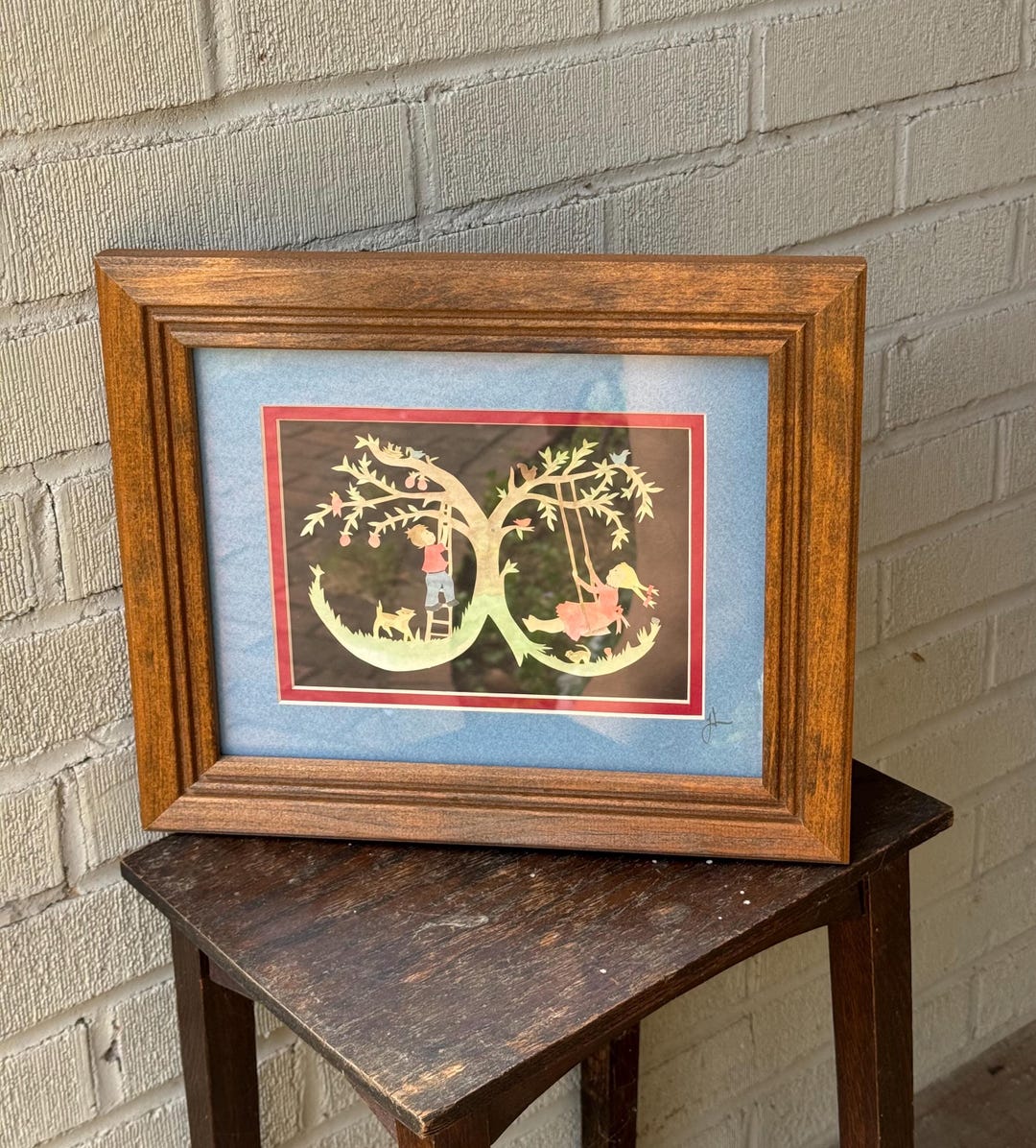 Vintage German Folk Art Scherenschnitte Children in Apple Tree & Kitty ...