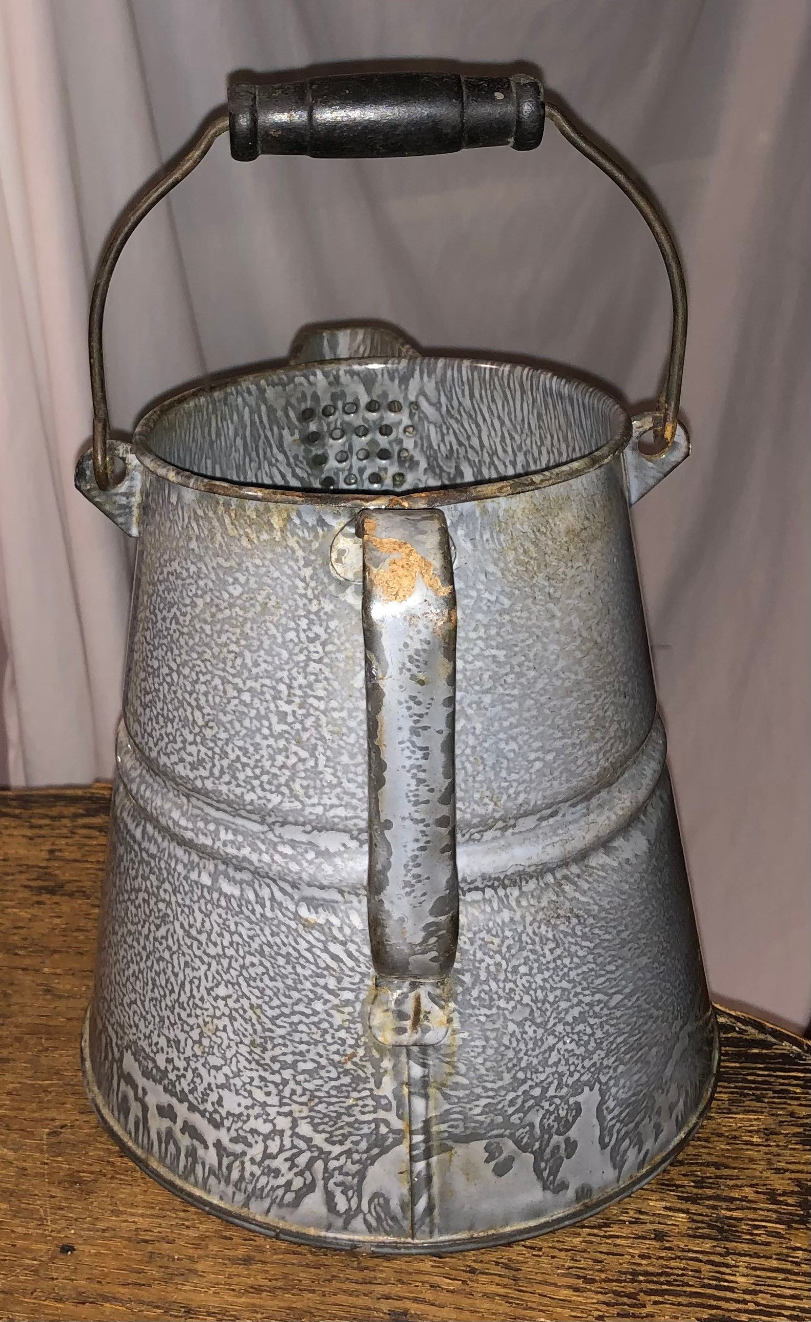 Vintage Grey Enamel Graniteware Kettle Cowboy Coffee Pot Metal & Wood ...