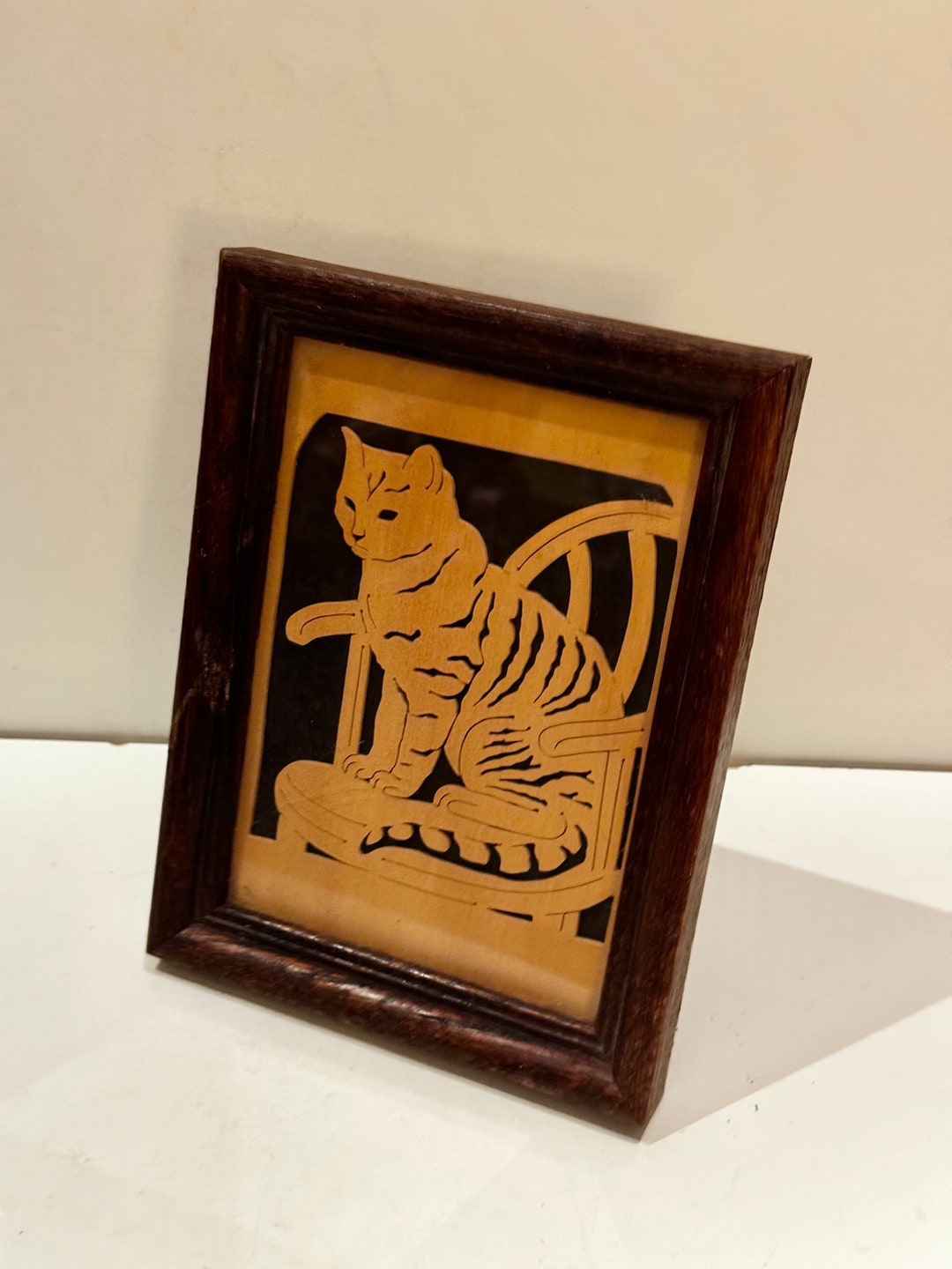 Vtg Folk Art Cat Silhouette Wood Cutting German Scherenschnitte Style ...