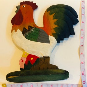 Fun Hand Carved Wooden Rooster Statue Hand Painted Southern Folk Art ...