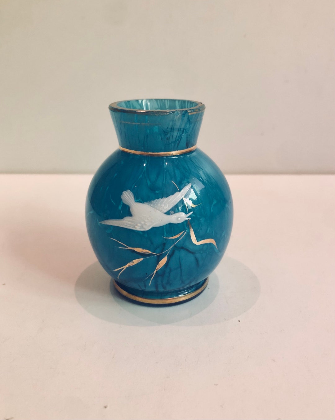 Unusual Vintage Blue Art Glass Bud Vase With Mary Gregory Style Enamel ...