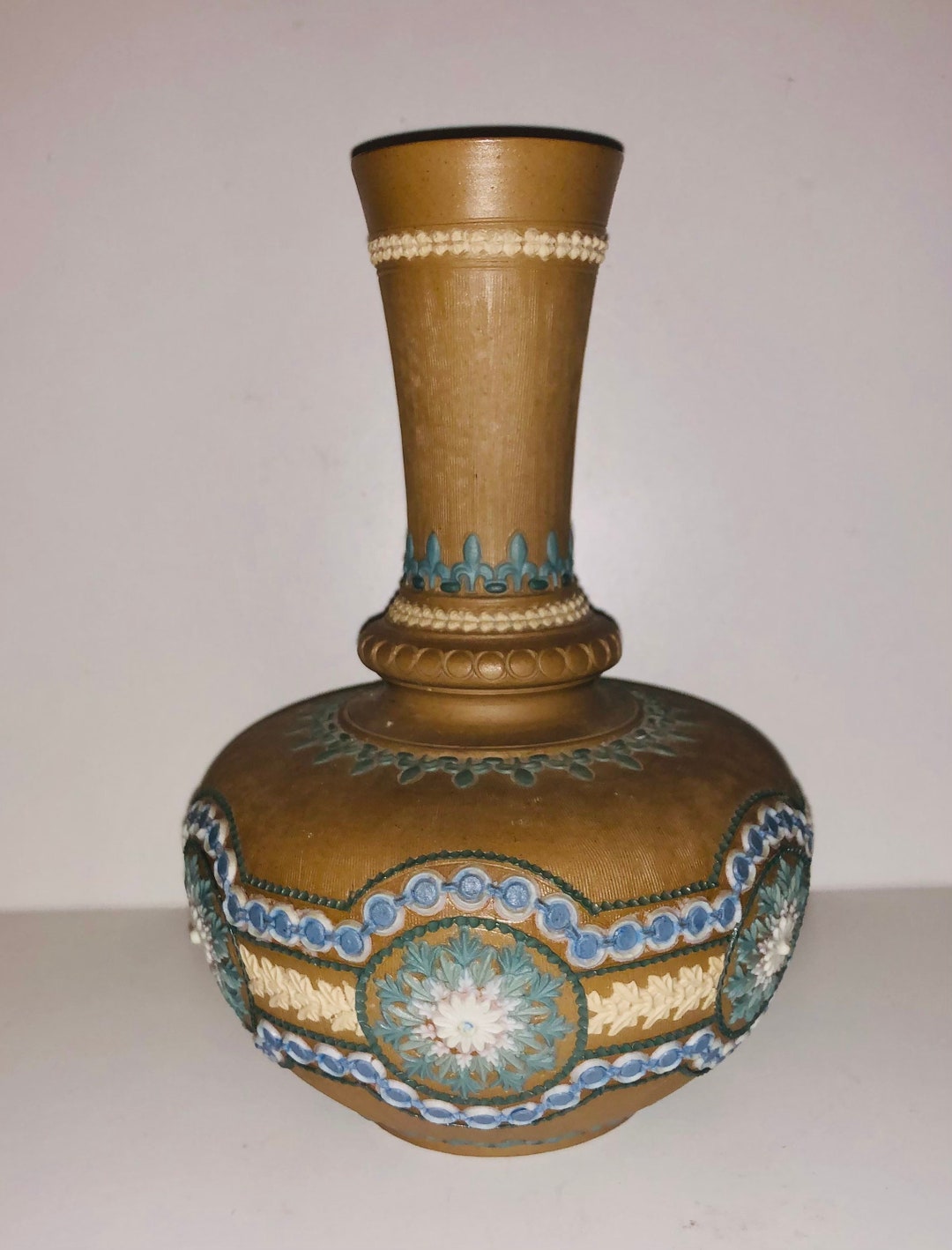 Large Antique Royal Doulton Lambeth Silicon Ware Vase 1880s Elizabeth A ...