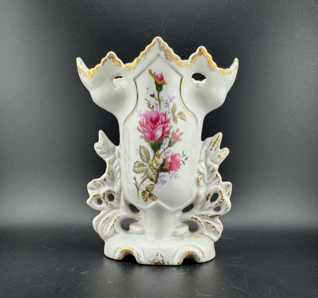 Antique Victorian Style Pedestal Wedding Vase Pink Rose Transferware ...