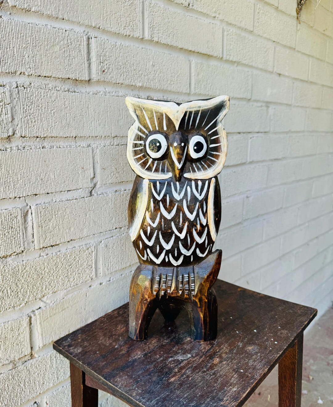 Fun Primitive Painted Wood Folk Art Owl Sculpture Rustic Hoot Owl ...