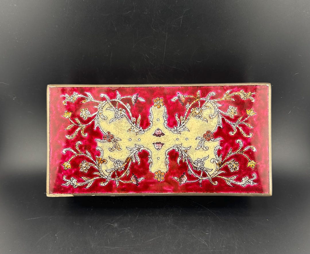 Peruvian Reverse Painted Glass Jewelry Box Trinket Casket Red Arabesque ...