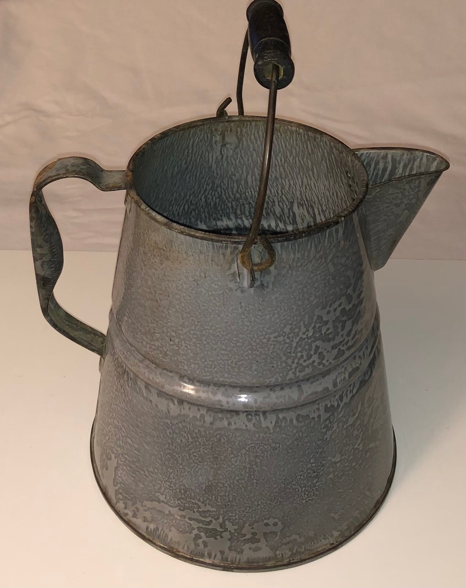 Vintage Grey Enamel Graniteware Kettle Cowboy Coffee Pot Metal & Wood ...