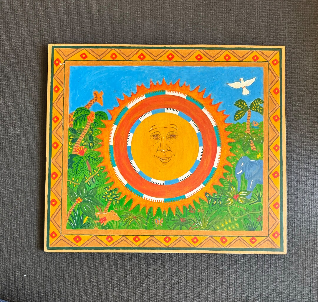 Vtg 1997 Primitive Lewis G Murray Folk Art Painting Smiling Sun Jungle ...