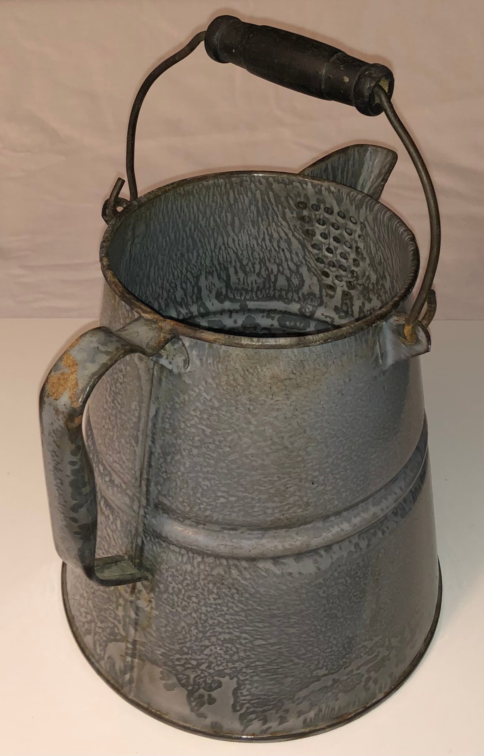 Vintage Grey Enamel Graniteware Kettle Cowboy Coffee Pot Metal & Wood ...