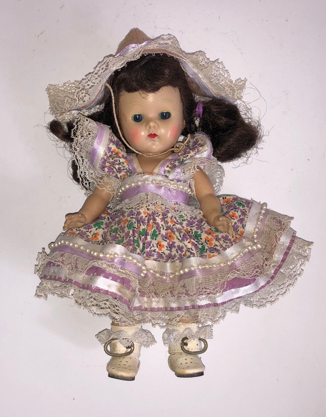 Mid Century 1950s Vogue Ginny Doll Brunette Girl in Pearl Beaded Purple ...
