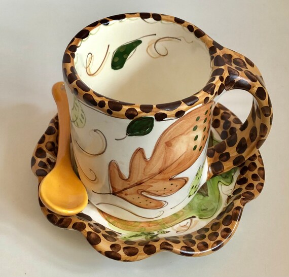 Vintage Hand Painted Jan Pugh Pottery Mug and Scalloped Saucer - Etsy