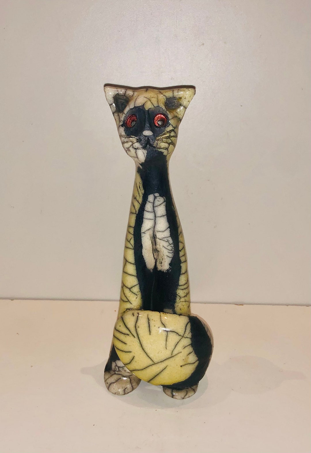 Fabulous MCM Joanne Bedient Raku Cat Sculpture Long Neck Kitty Metallic ...