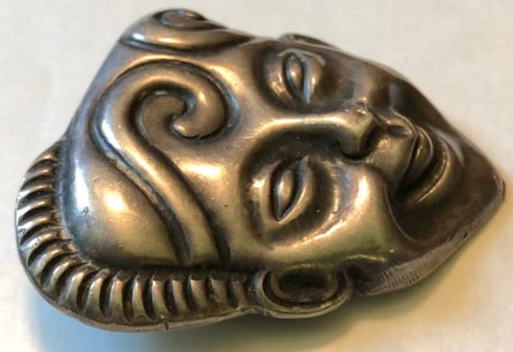Vintage Mayan Tribal Mask Mexican Sterling Brooch Sil… - Gem