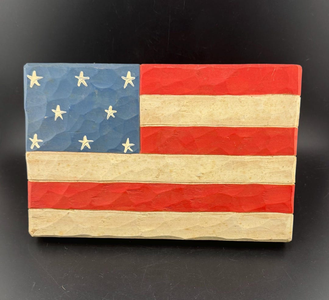 Primitive Wooden Folk Art American Flag Painting Wall Plaque Stars ...