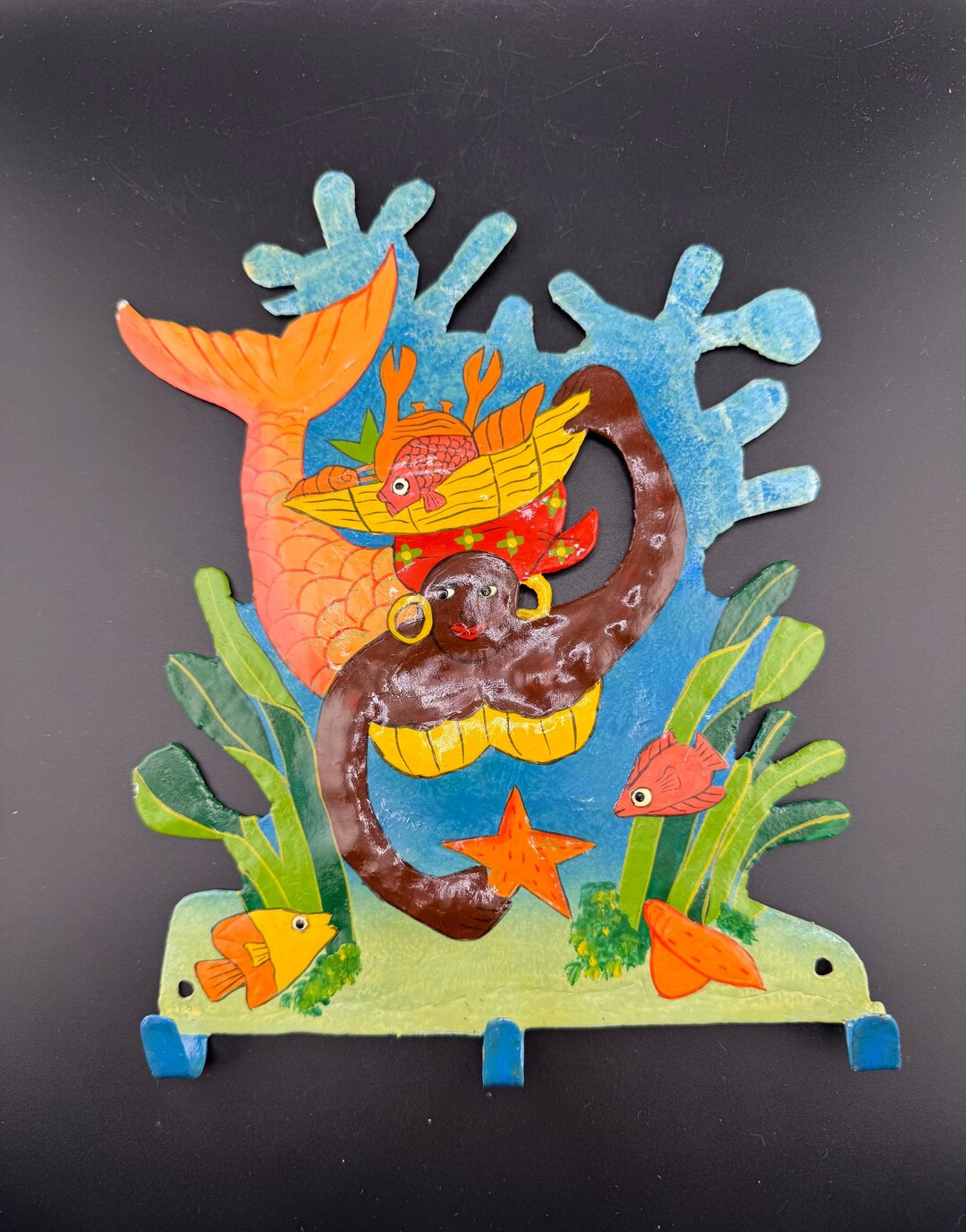 Vtg Caribbean Haitian Mermaid Wall Hooks Painting Starfish Fish Ocean ...